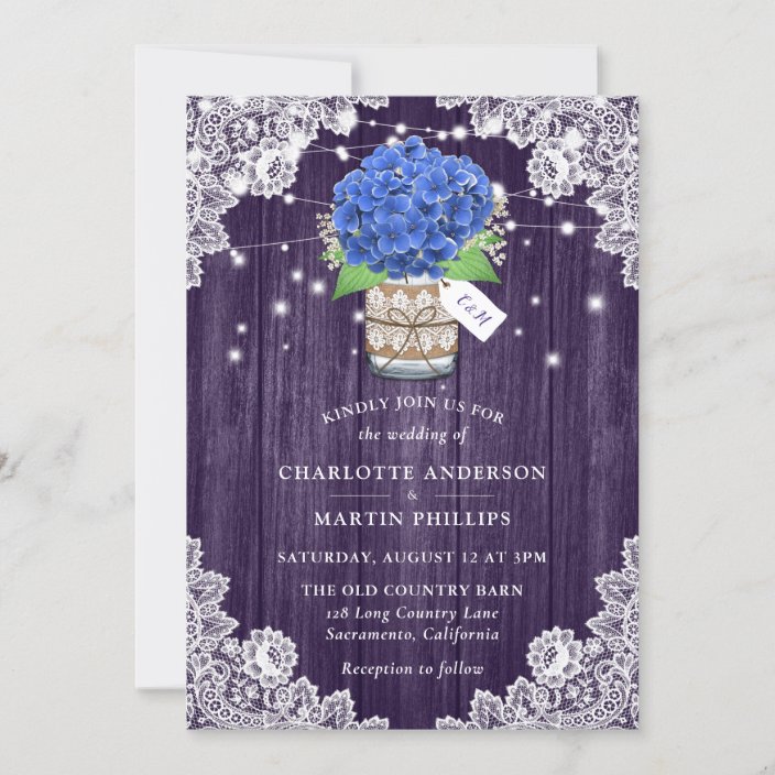 Rustic Purple and Blue Hydrangea Wedding Invitation | Zazzle.com