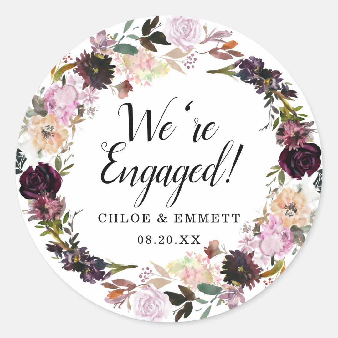 Rustic Purple and Pink Floral We're Engaged Classic Round Sticker | Zazzle