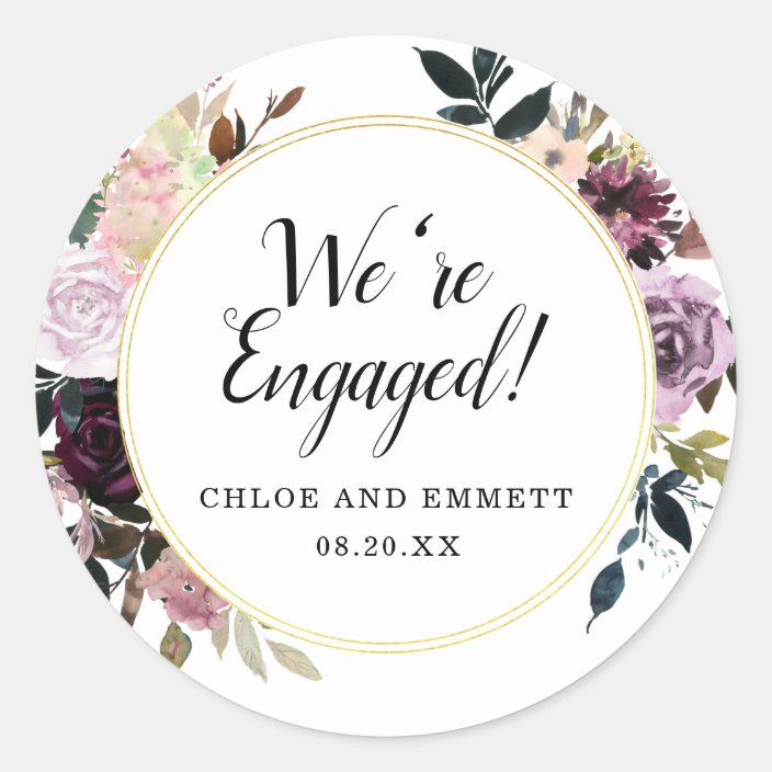 Rustic Purple and Pink Floral We're Engaged Classic Round Sticker ...