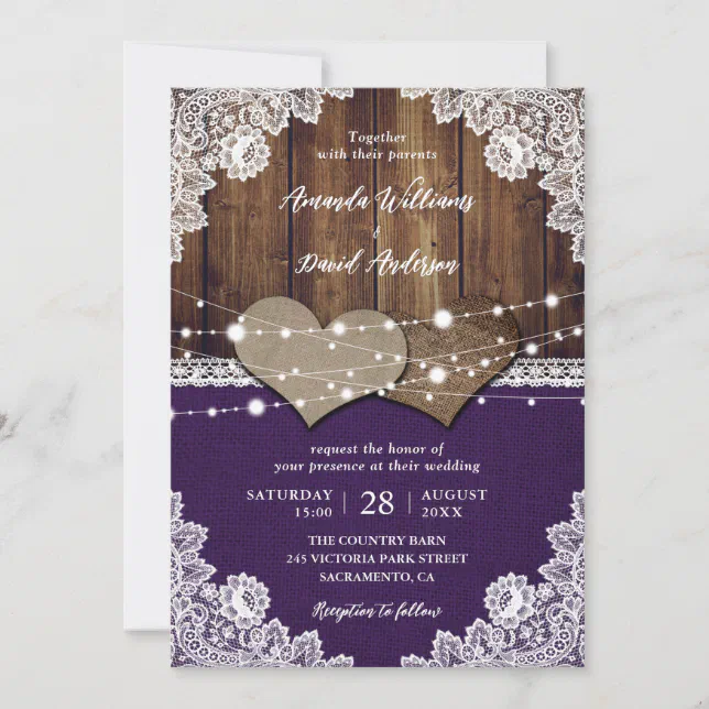 Rustic Purple Barn Wood Burlap Lace Wedding Invitation | Zazzle