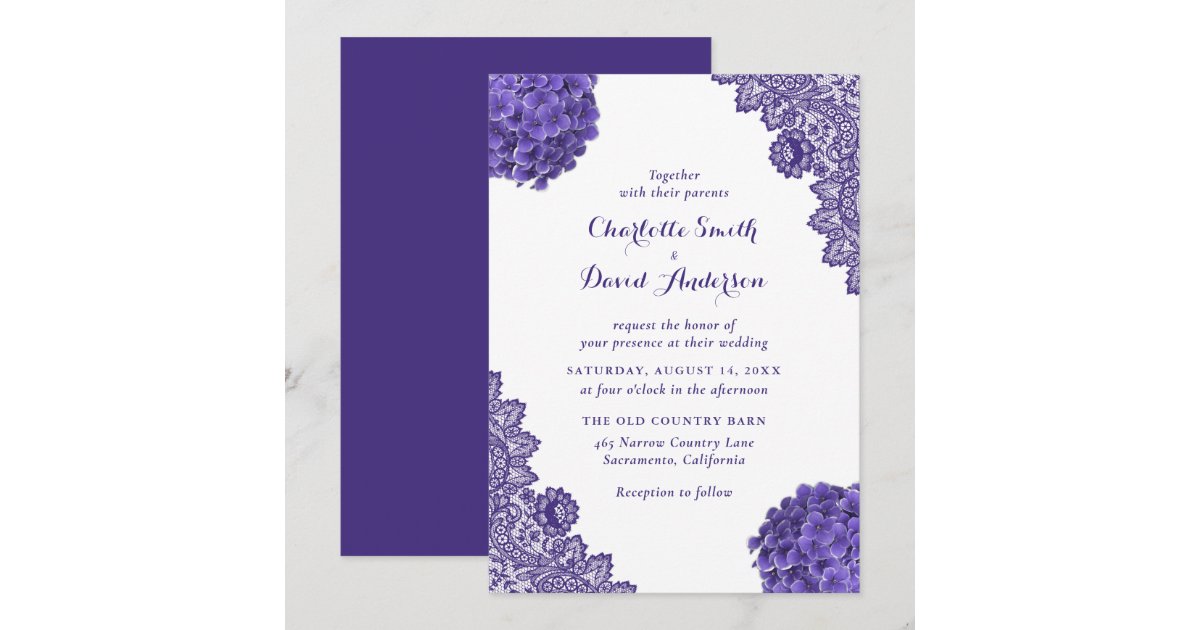 Rustic Purple Floral Lace Wedding Invitation | Zazzle