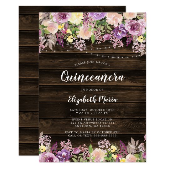 Rustic Purple Floral String Lights Quinceanera Invitation | Zazzle.com