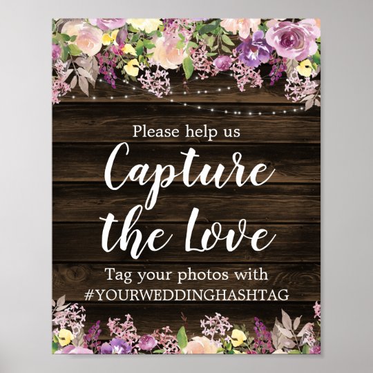 Rustic Purple Floral String Lights Wedding Hashtag Poster | Zazzle.com