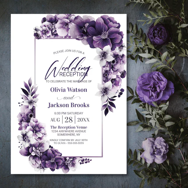 Rustic Purple Floral Wedding Reception Invitation | Zazzle