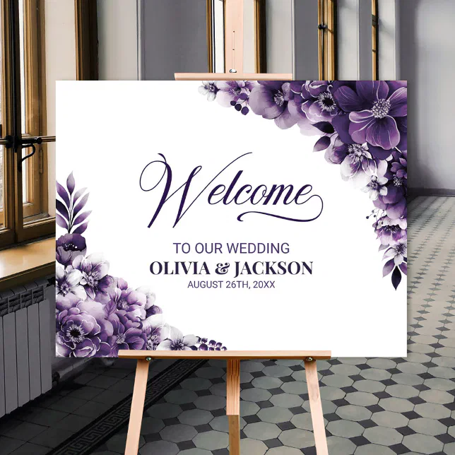 Rustic Purple Floral Wedding Welcome Sign | Zazzle