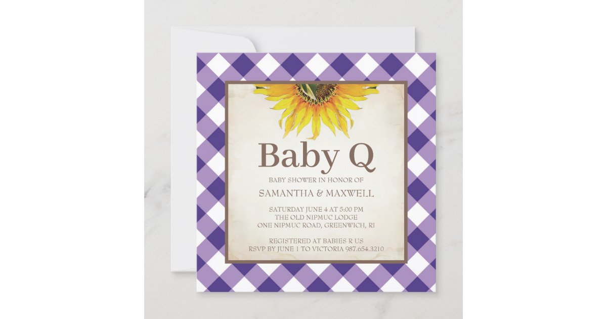 Rustic Purple Gingham Checker Baby Shower Invitation | Zazzle