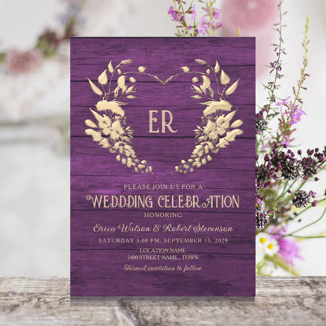 Rustic Purple Monogram Wedding Invitation | Zazzle