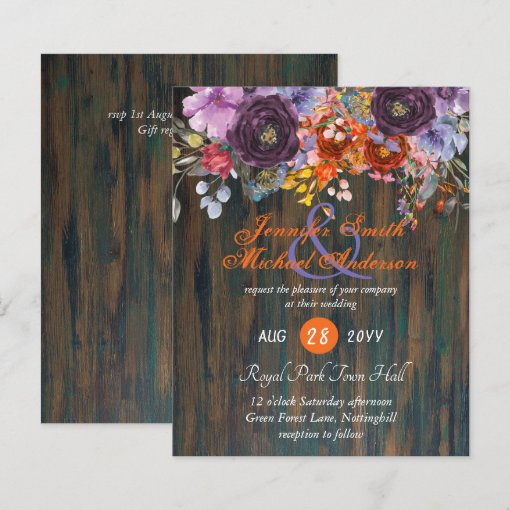 Rustic Purple Orange Pink Floral Wedding Invites | Zazzle
