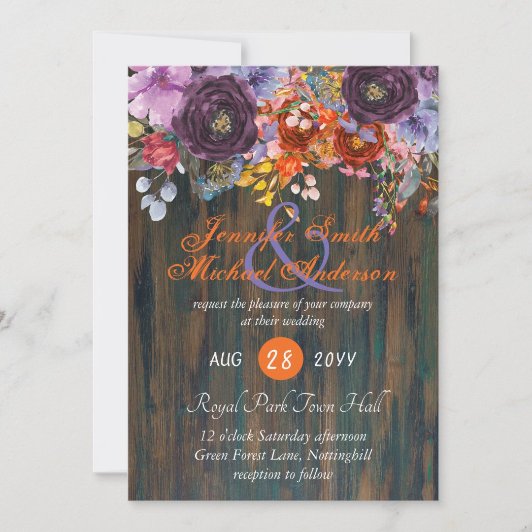 Rustic Purple Orange Pink Floral Wedding Invites | Zazzle