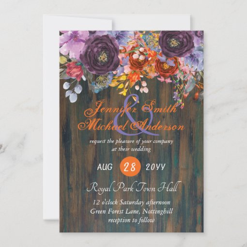 Rustic Purple Orange Pink Floral Wedding Invites | Zazzle