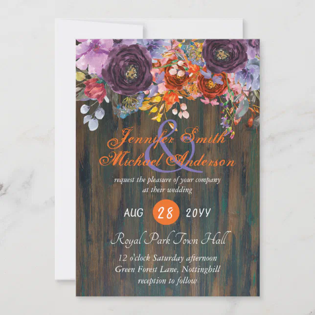 Rustic Purple Orange Pink Floral Wedding Invites | Zazzle
