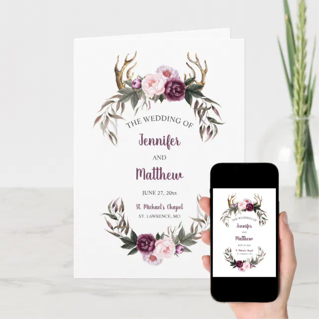 Rustic Purple Plum Peonies Antlers Wedding Program | Zazzle
