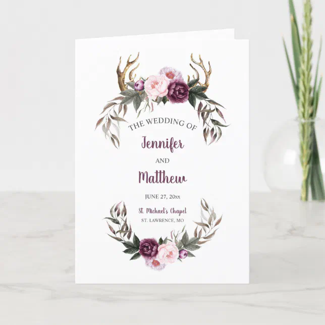Rustic Purple Plum Peonies Antlers Wedding Program | Zazzle