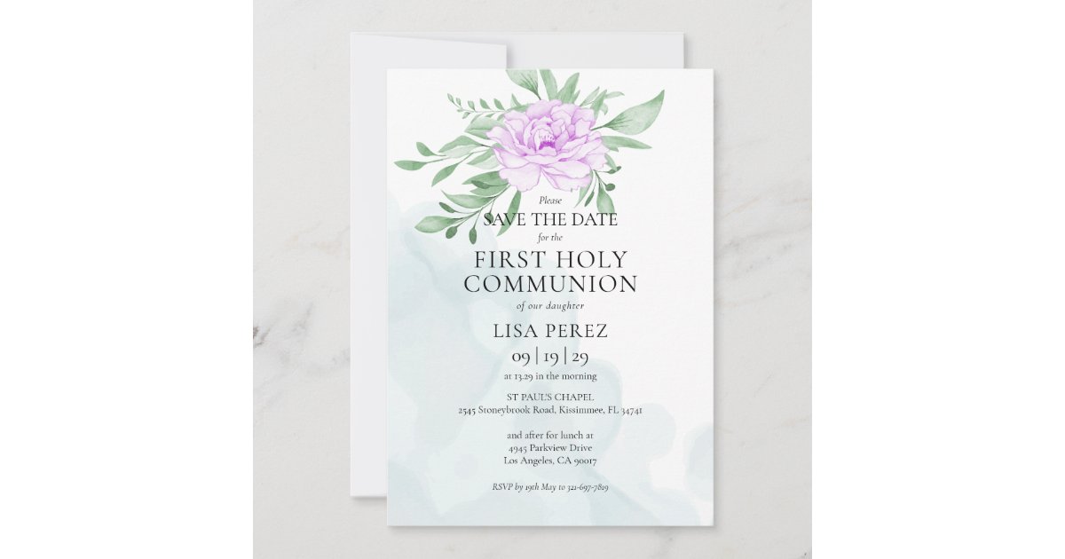Rustic Purple Rose Eucalyptus First Holy Communion Save The Date | Zazzle