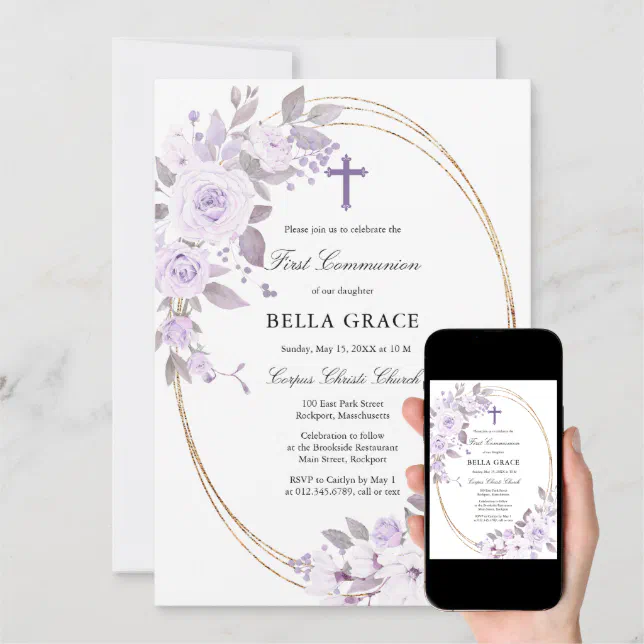Rustic Purple Rose Floral First Holy Communion Invitation | Zazzle