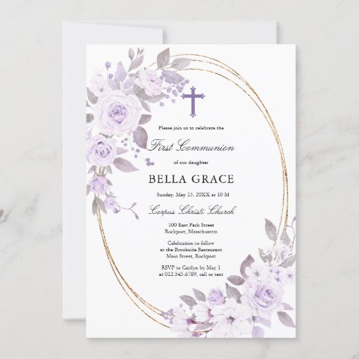 Rustic Purple Rose Floral First Holy Communion Invitation | Zazzle