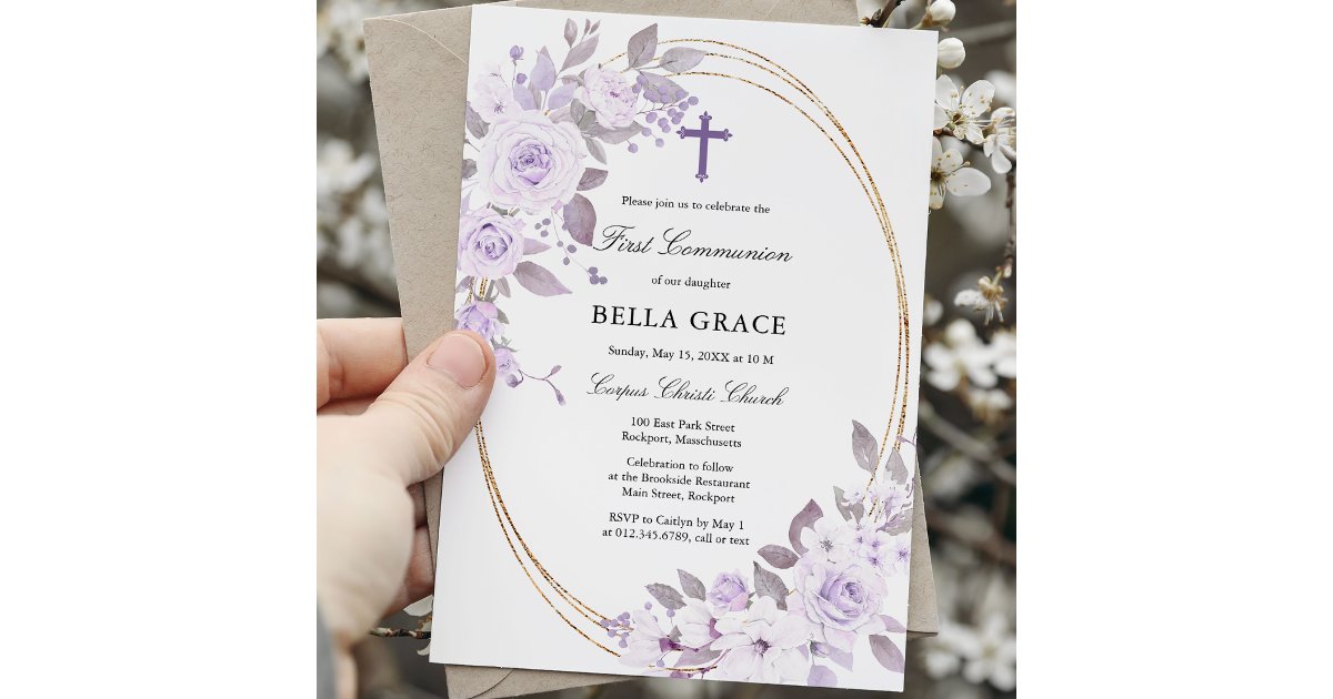 Rustic Purple Rose Floral First Holy Communion Invitation | Zazzle