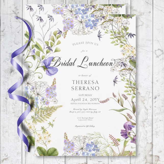 Rustic Purple Sage Wildflower White Bridal Lunch Invitation | Zazzle