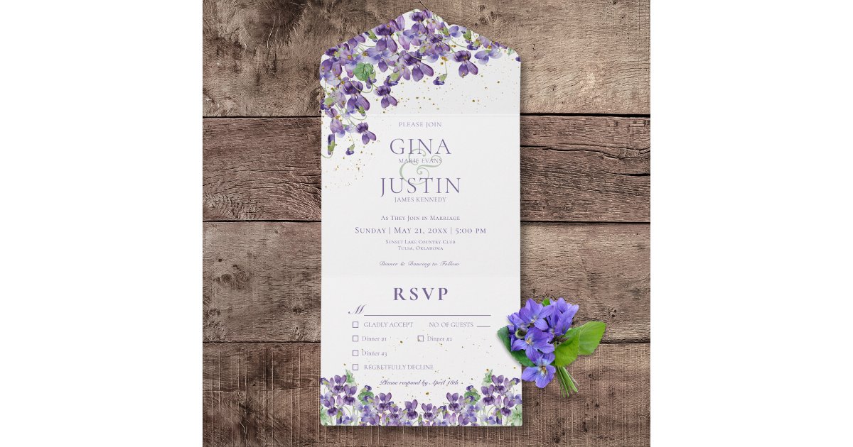 Rustic Purple Violets Gold Sparkle Dinner All In One Invitation | Zazzle