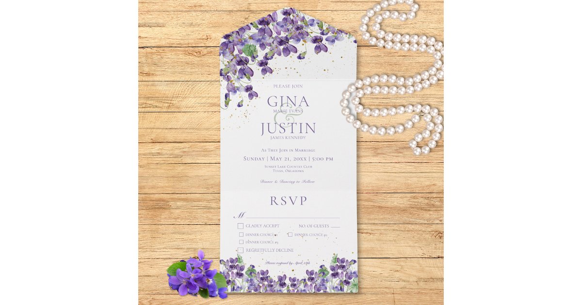 Rustic Purple Violets Gold Sparkle Dinner Wedding All In One Invitation ...