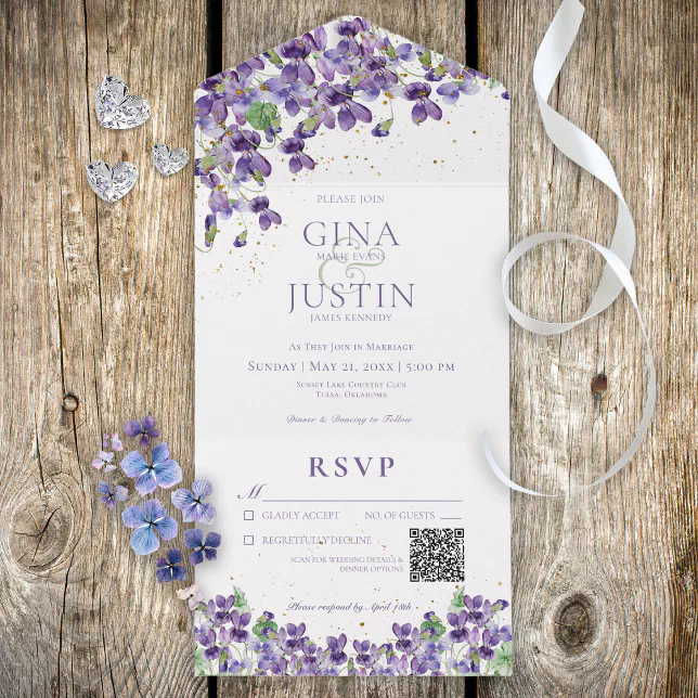 Rustic Purple Violets Gold Sparkle QR Code All In One Invitation | Zazzle