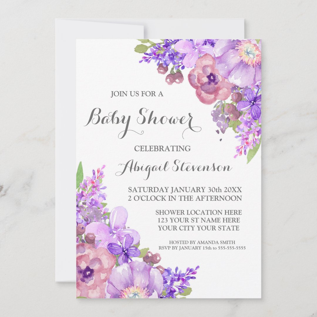 Rustic Purple Watercolor Flowers Baby Shower Invitation | Zazzle