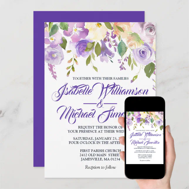 Rustic Purple White Floral Wedding Invitations | Zazzle