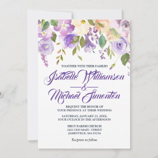Rustic Purple White Floral Wedding Invitations | Zazzle