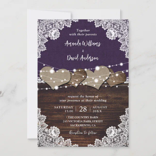 Rustic Purple Wood Burlap Lace Wedding Invitation | Zazzle