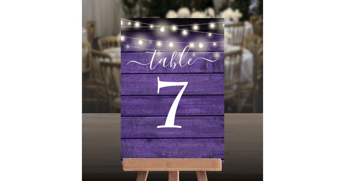 Rustic Purple Wood String Lights Table Number | Zazzle