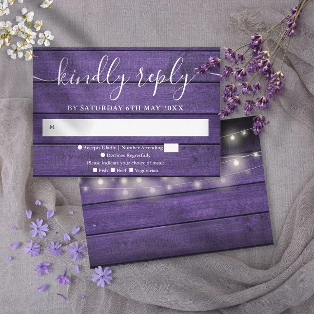 Rustic Purple Wood String Lights Wedding RSVP Card | Zazzle