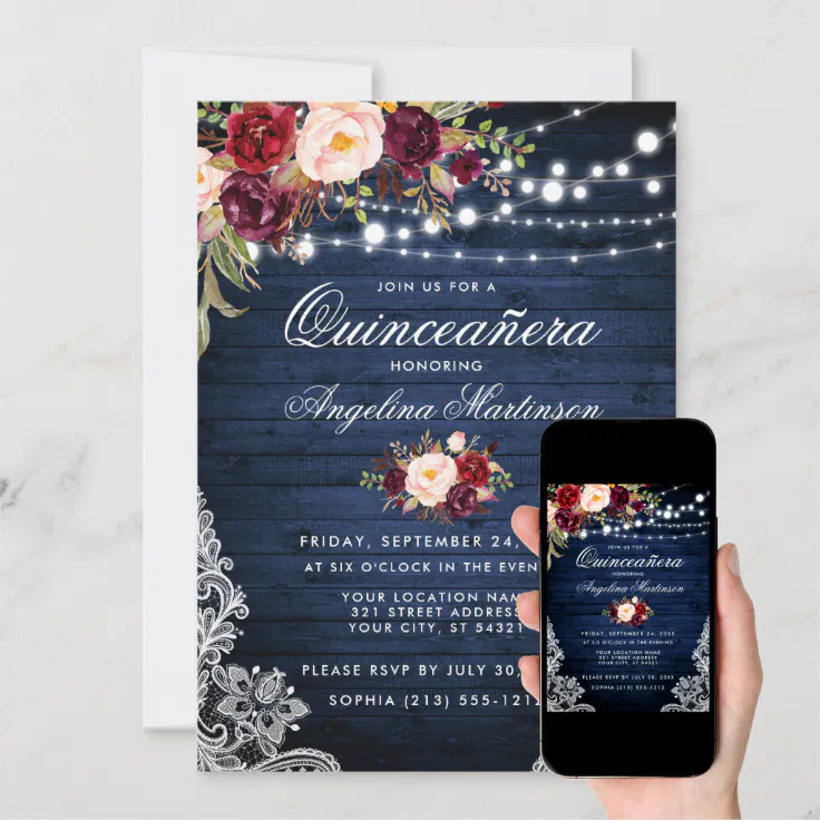 Rustic Quinceanera Blue Wood Burgundy Floral Invitation | Zazzle