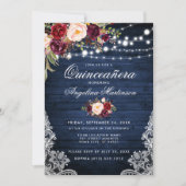Rustic Quinceanera Blue Wood Burgundy Floral Invitation | Zazzle