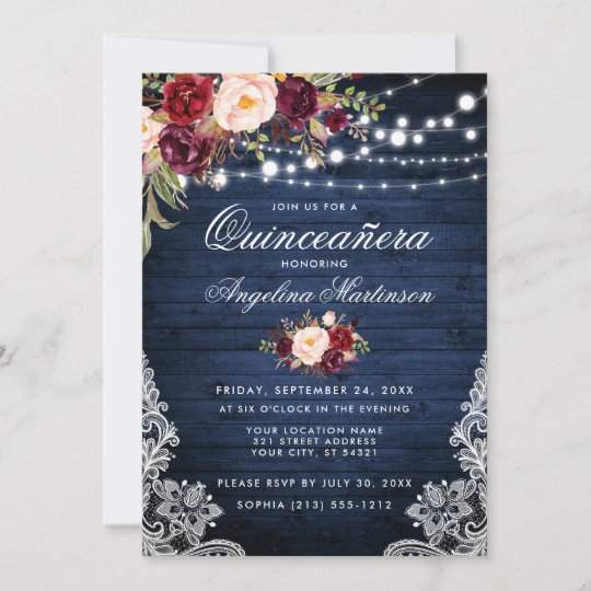 Rustic Quinceanera Blue Wood Burgundy Floral Invitation | Zazzle.com