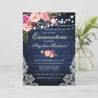 Rustic Quinceanera Blue Wood Lights Pink Floral Invitation | Zazzle