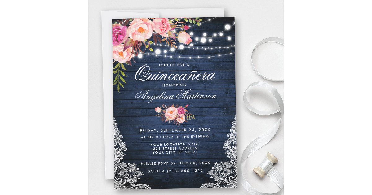 Rustic Quinceanera Blue Wood Lights Pink Floral Invitation | Zazzle