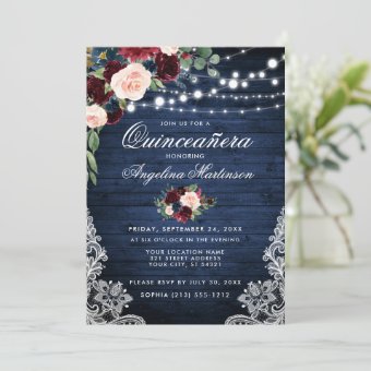 Rustic Quinceanera Wood Burgundy Blue Floral Invitation | Zazzle