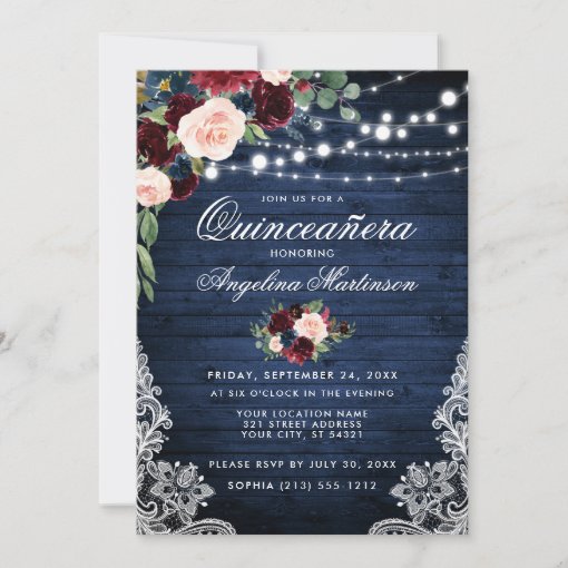 Rustic Quinceanera Wood Burgundy Blue Floral Invitation | Zazzle