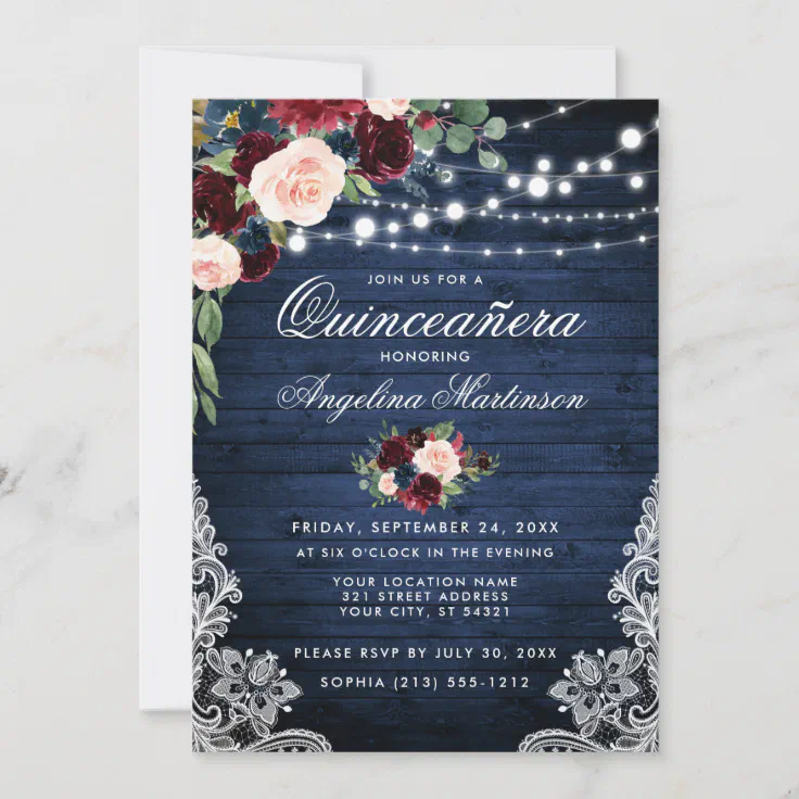 Rustic Quinceanera Wood Burgundy Blue Floral Invitation | Zazzle