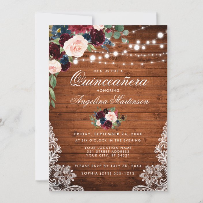 Rustic Quinceanera Wood Burgundy Blue Floral Invitation | Zazzle.com