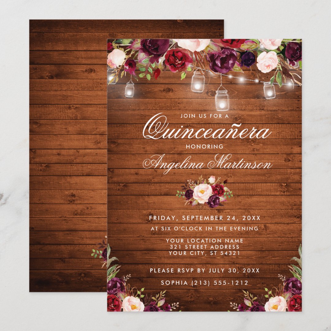 Rustic Quinceanera Wood Jar Lights Burgundy Floral Invitation | Zazzle