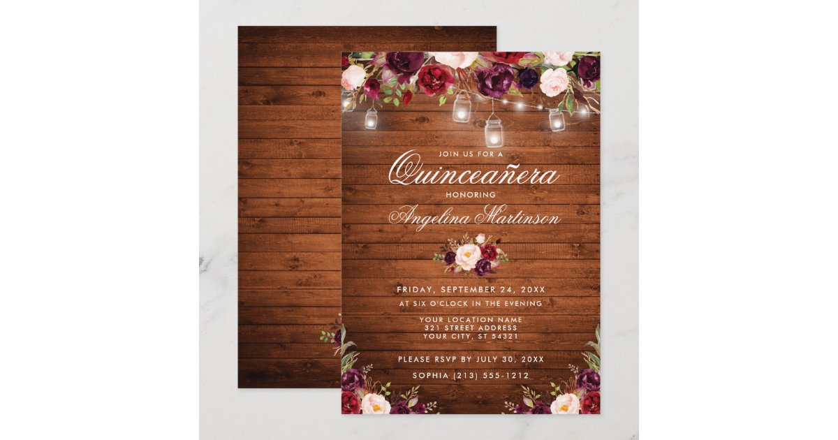 Rustic Quinceanera Wood Jar Lights Burgundy Floral Invitation | Zazzle