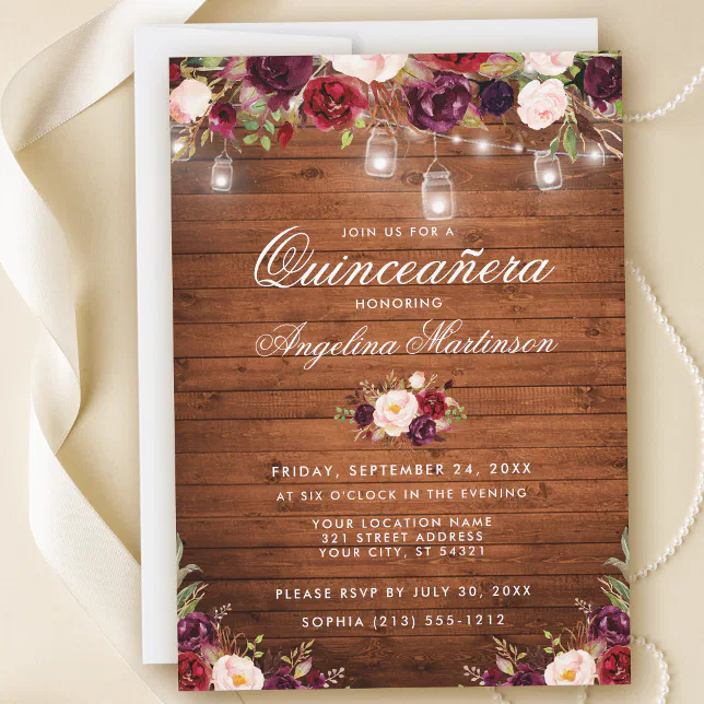 Rustic Quinceanera Wood Jar Lights Burgundy Floral Invitation | Zazzle
