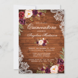 Rustic Quinceanera Wood Lace Burgundy Floral Invitation | Zazzle
