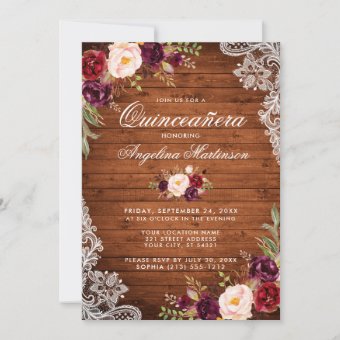 Rustic Quinceanera Wood Lace Burgundy Floral Invitation | Zazzle