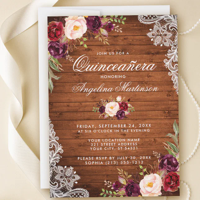 Rustic Quinceanera Wood Lace Burgundy Floral Invitation | Zazzle