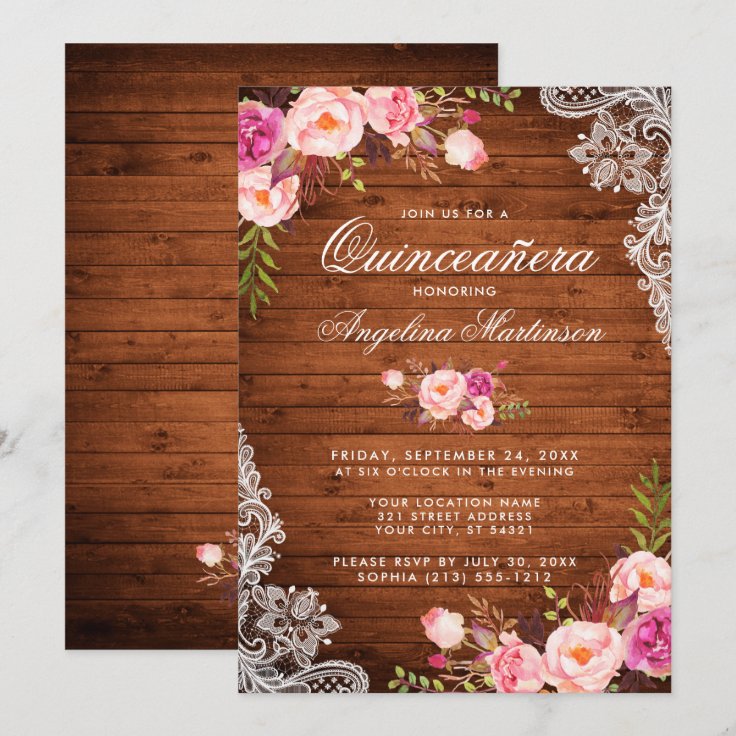 Rustic Quinceanera Wood Lace Pink Floral Invitation | Zazzle