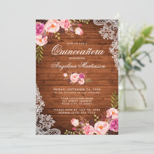 Rustic Quinceanera Wood Lace Pink Floral Invitation | Zazzle