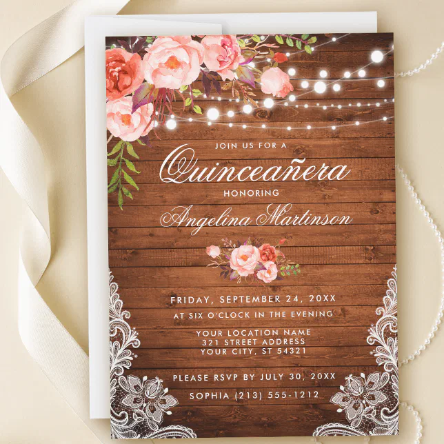 Rustic Quinceanera Wood Lights Lace Coral Floral Invitation | Zazzle