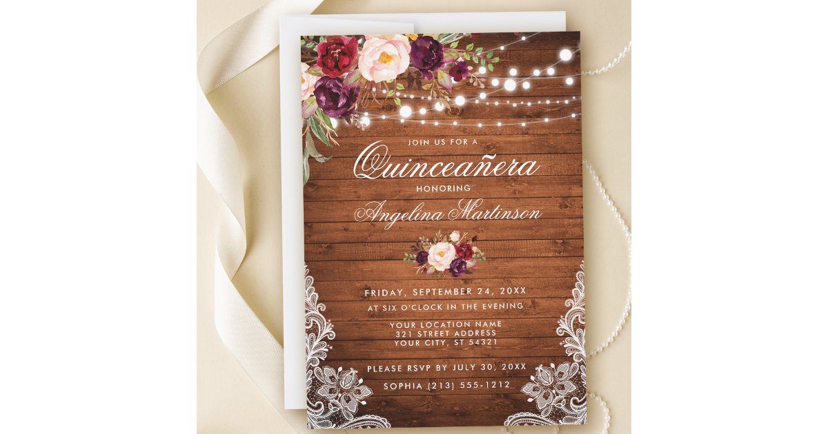 Rustic Quinceanera Wood Lights Lace Floral Invitation | Zazzle